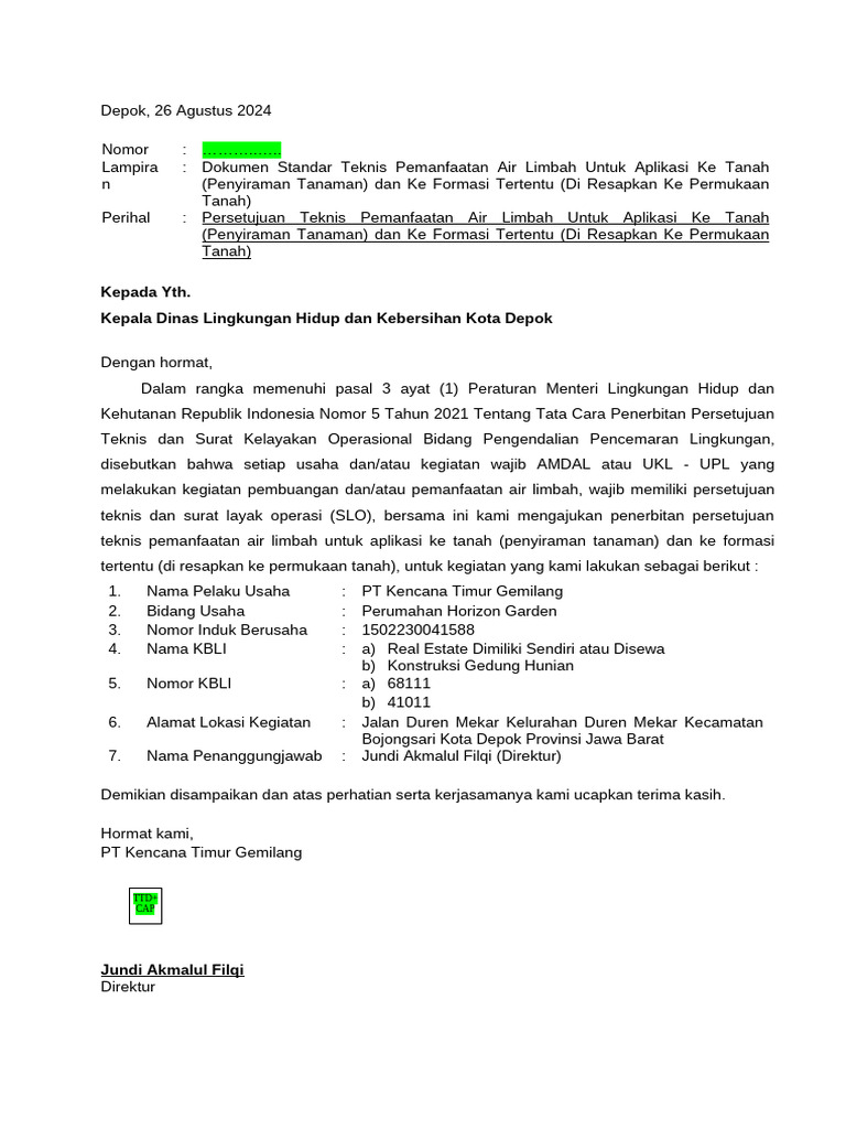 01.surat Permohonan Pertek Bmal Perumahan Horizon Garden | PDF