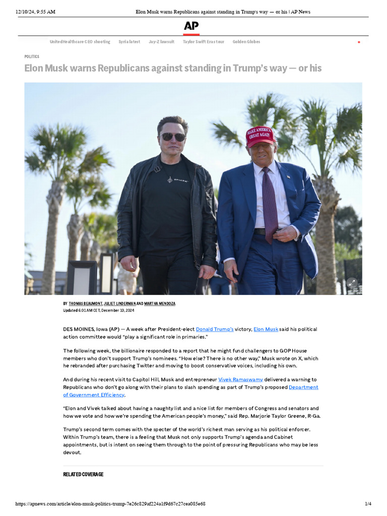 Elon Musk Warns Republicans Against Standing in Trump's Way - or His ...