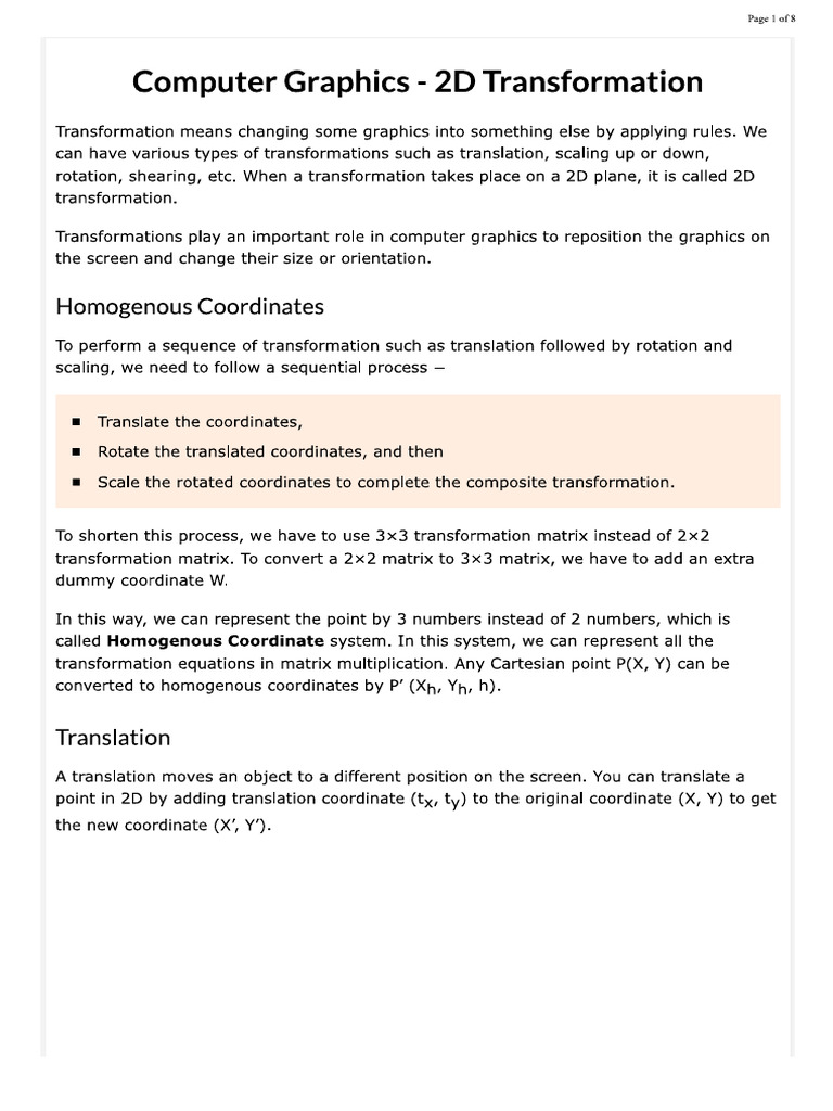 2D Transformations in computer graphics | PDF