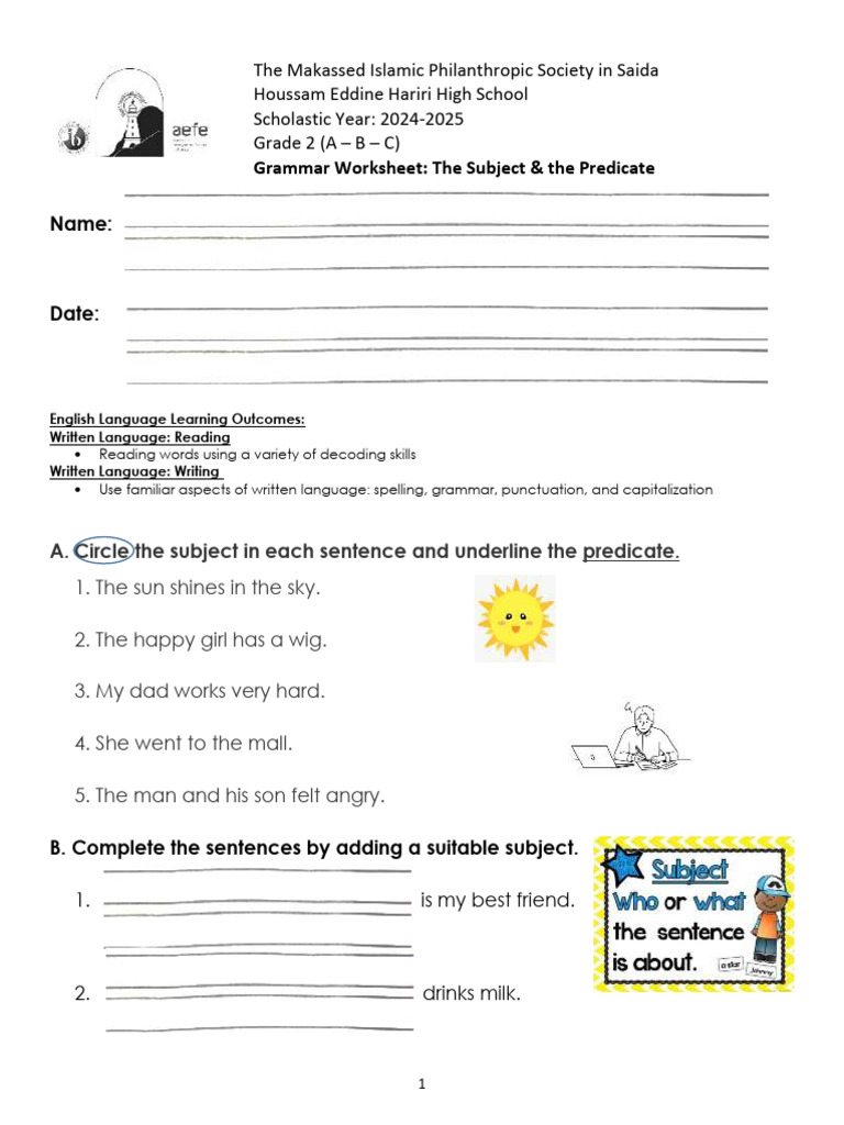 The Subject And The Predicate Worksheet Pdf