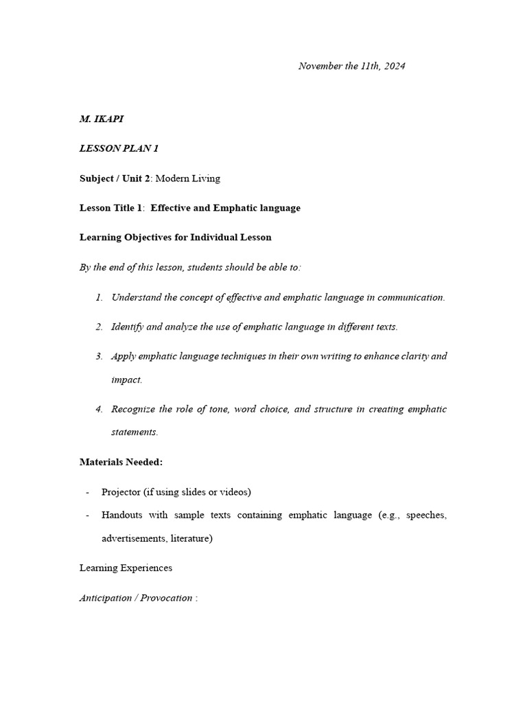 Lesson Plan 1 - November, 11th - 2024 | PDF | Rhetoric | Human Communication