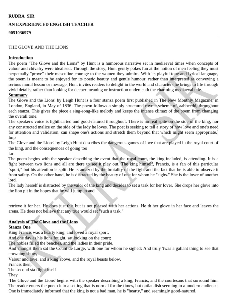 The Glove and The Lions 2 | PDF | Poetry | Lion