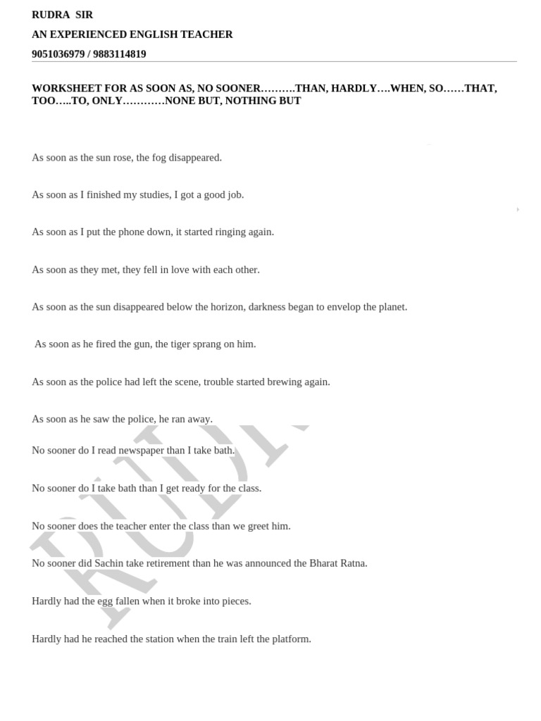 Worksheet For As Soon As, No Sooner .Than, Hardly .When, So That, Too ...
