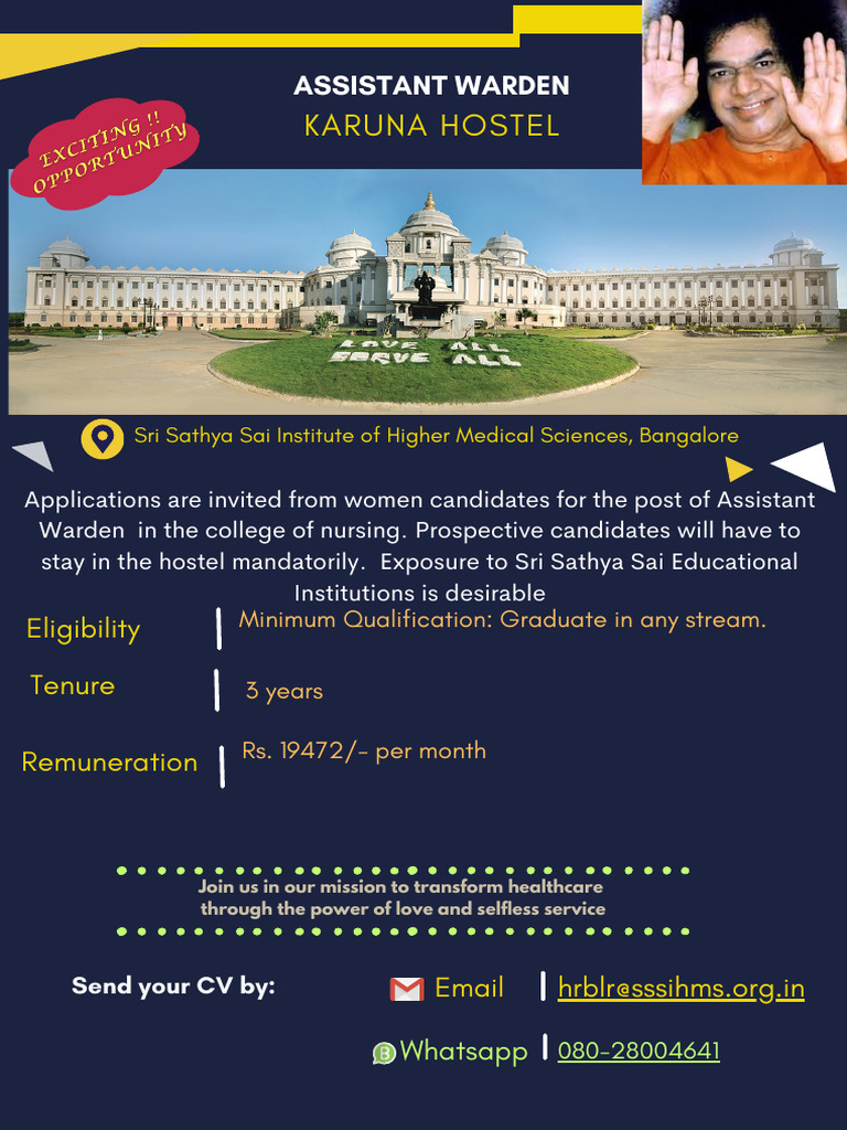 LADY-ASST WARDEN - SSS Nursing College-Bangalore | PDF