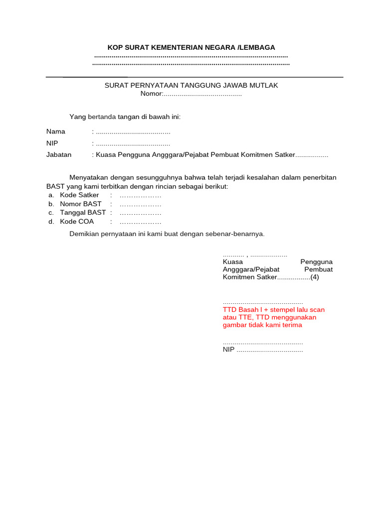 Surat Pernyataan Tanggung Jawab BAST | PDF