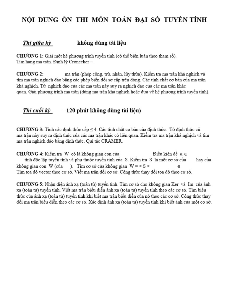 Noi Dung On Thi Dai So Tuyen Tinh (Giua Ky Va Cuoi Ky) | PDF