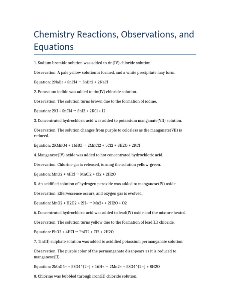 Chemistry Reactions Observations Answers | PDF