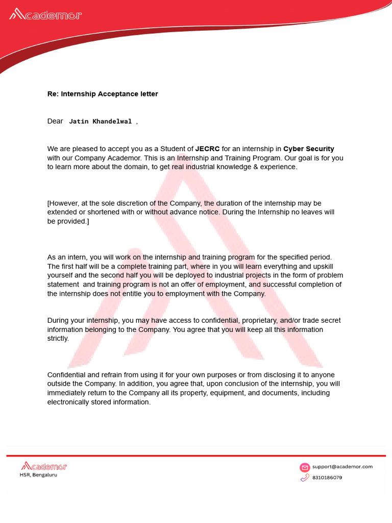 Acceptence Letter Jatin Khandelwal | PDF