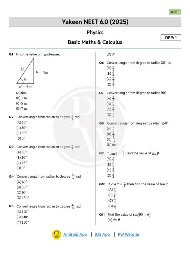 673b0e32702b24a571070d9d - ## - Basic Maths & Calculus: DPP 01 - Yakeen NEET 6.0 2025 | PDF ...