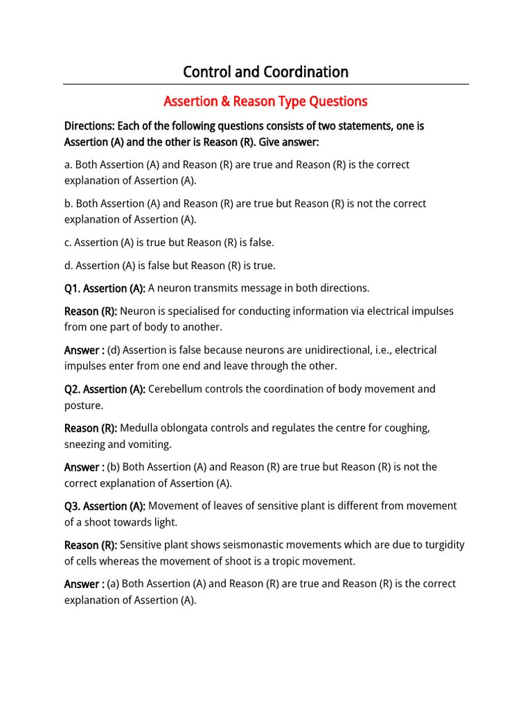Control and Coordination (Assertion and Reasoning) | PDF | Nerve | Hormone