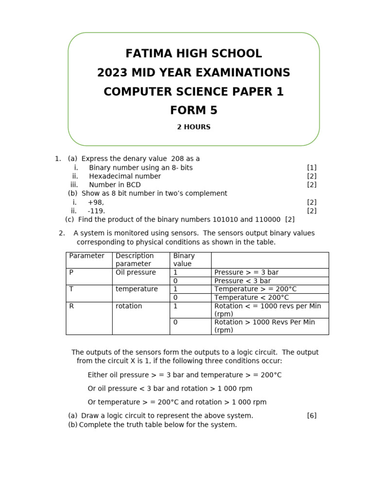Form 5 Mid Year Exams 2023 | PDF | Bit | Sensor