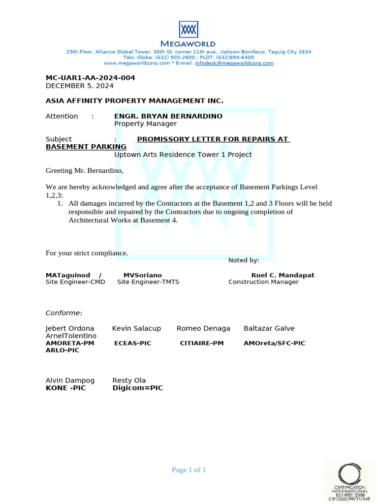 Promissorry Letter Basement Repairs | PDF