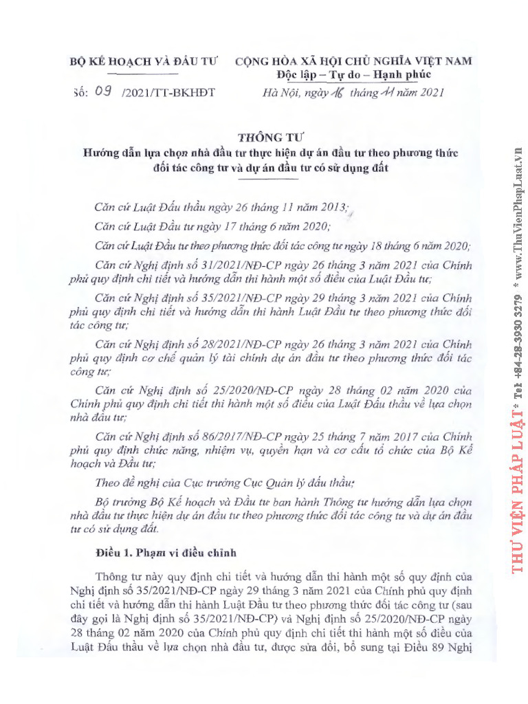 Thong Tu 09 - 2021 Huong Dan Lua Chon Nha Dau Tu PPP Va Su Dung Dat | PDF