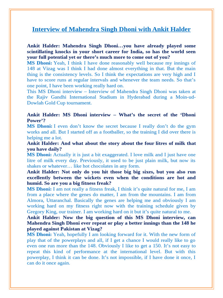MS Dhoni Interview Insights and Highlights | PDF | Athletic Sports ...