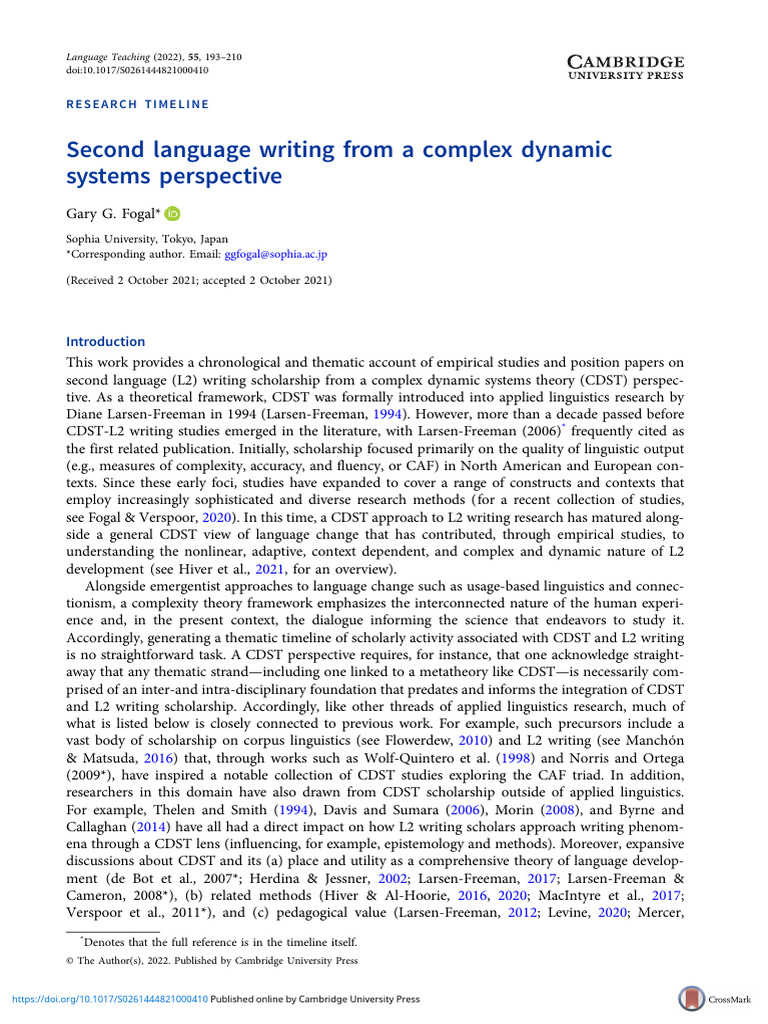 Second Language Writing From A Complex Dynamic Systems Perspective ...