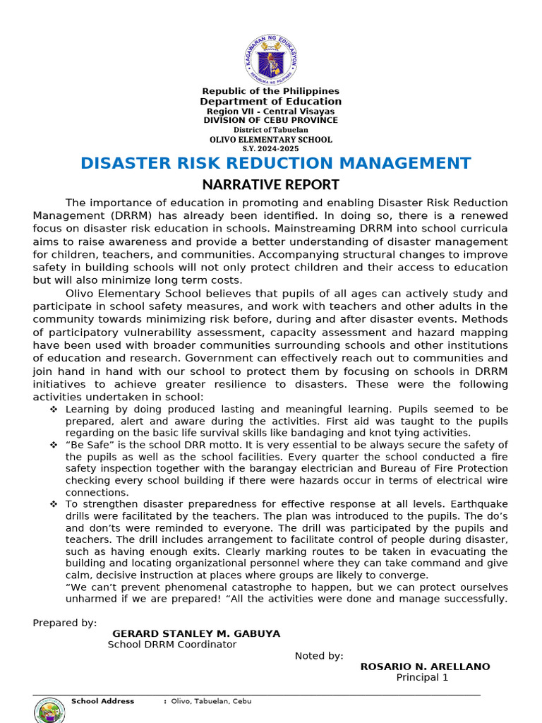 DRR Narrative Report | PDF | Disaster Risk Reduction | Safety