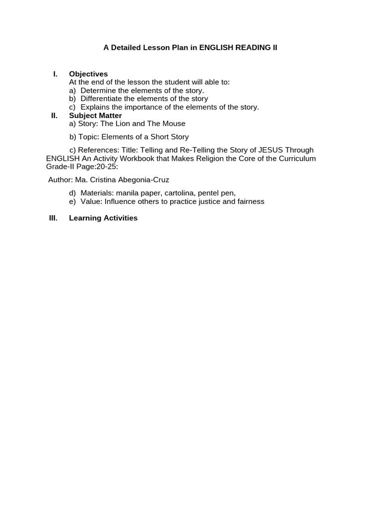 Lesson Plan English Reading | PDF | Plot (Narrative)