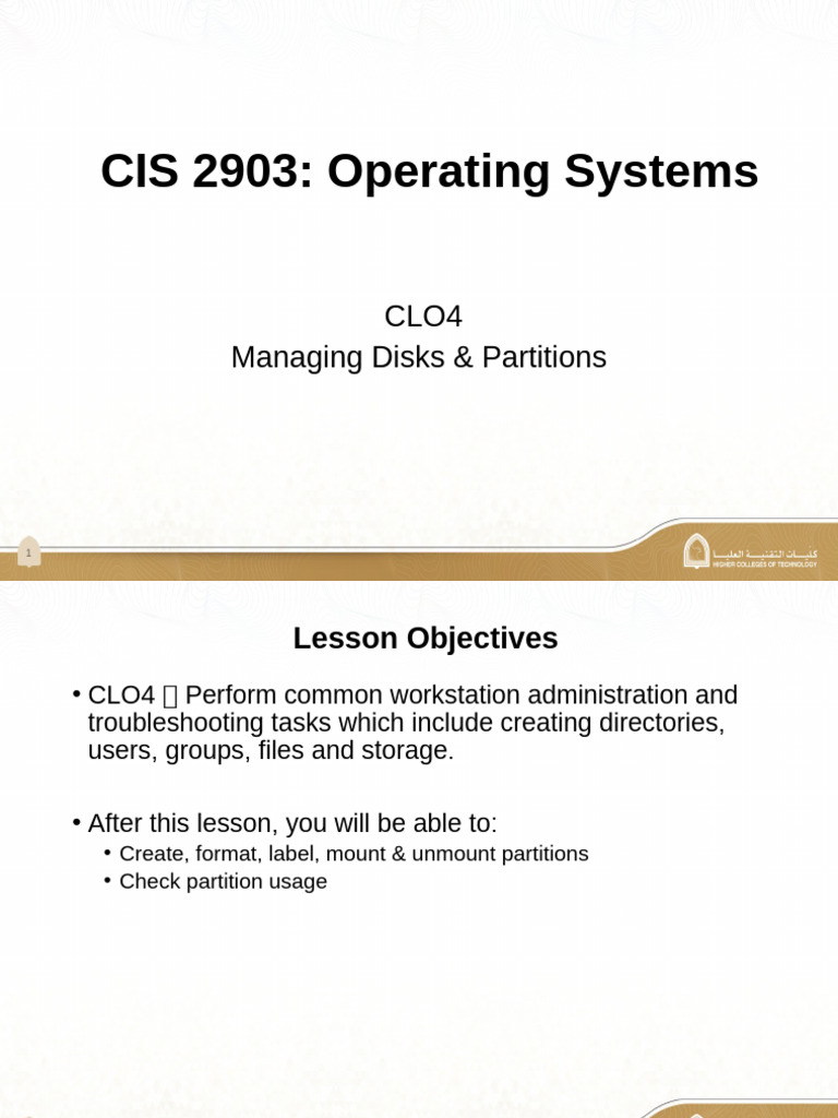 Week 08 - CLO4 - Managing Disks and Partitions | PDF | File System | Software