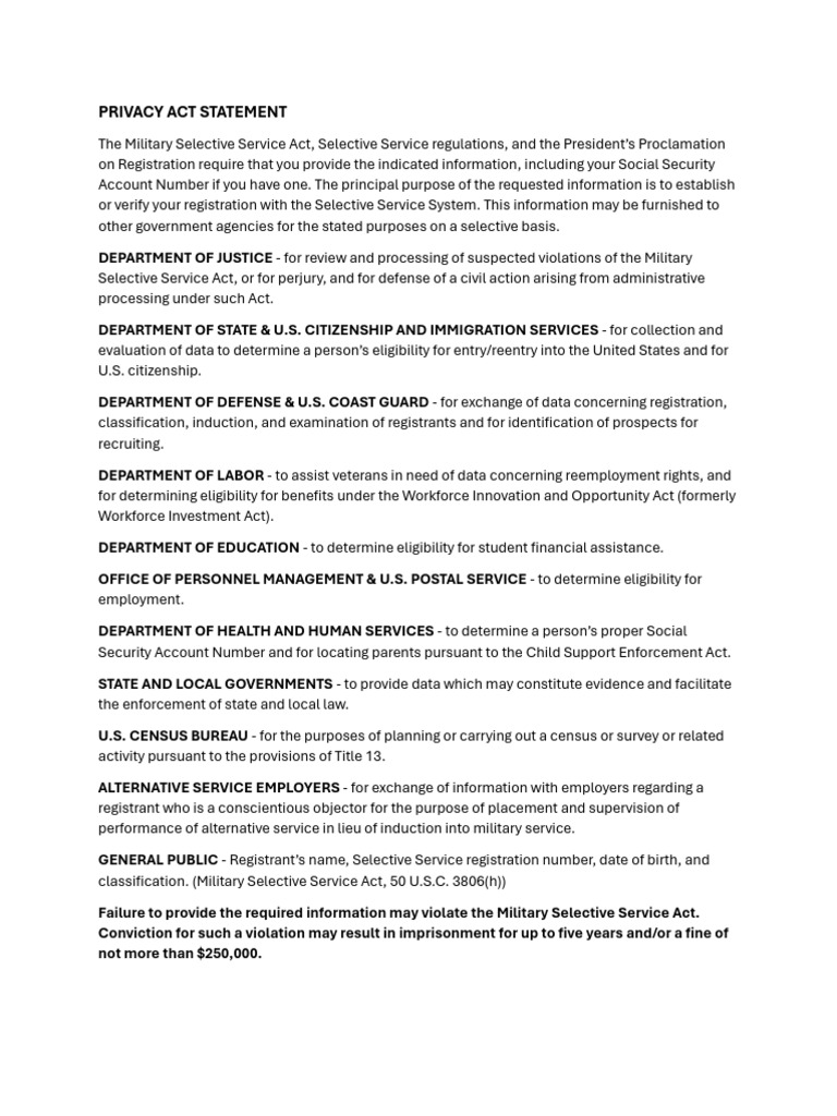Selective Service Privacy Act Overview | PDF | Selective Service System ...