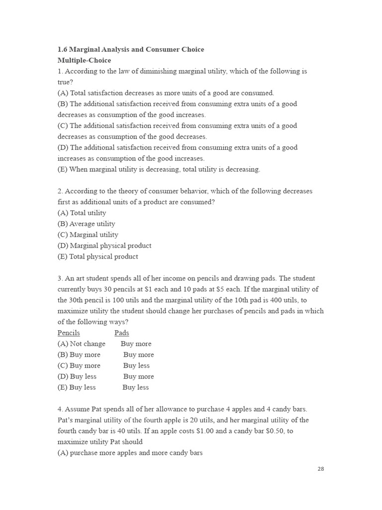 Marginal Analysis and Consumer ChoiceMCQ | PDF | Utility | Goods