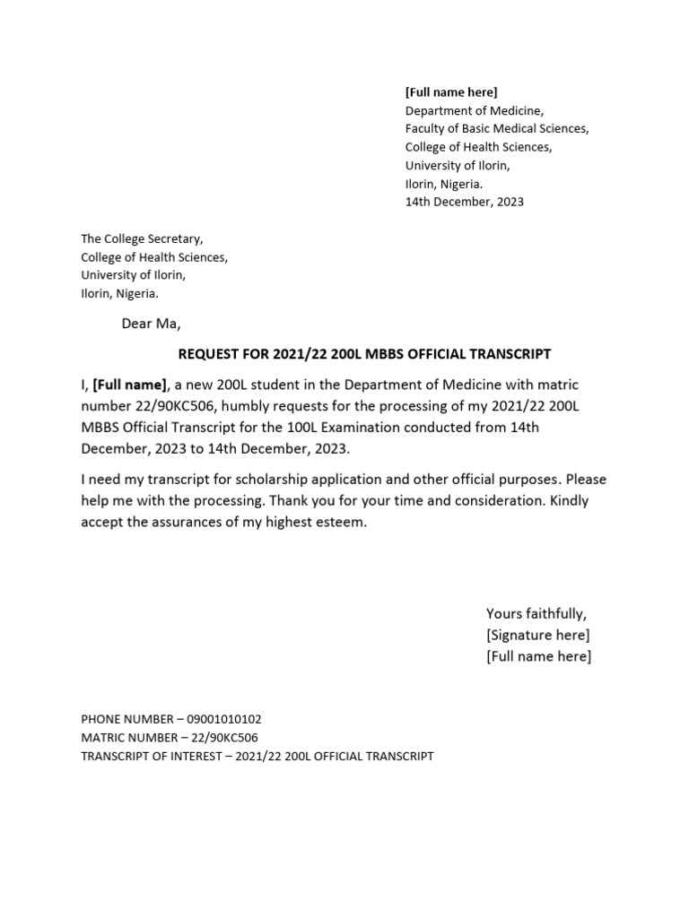 200L MBBS Transcript Request | PDF
