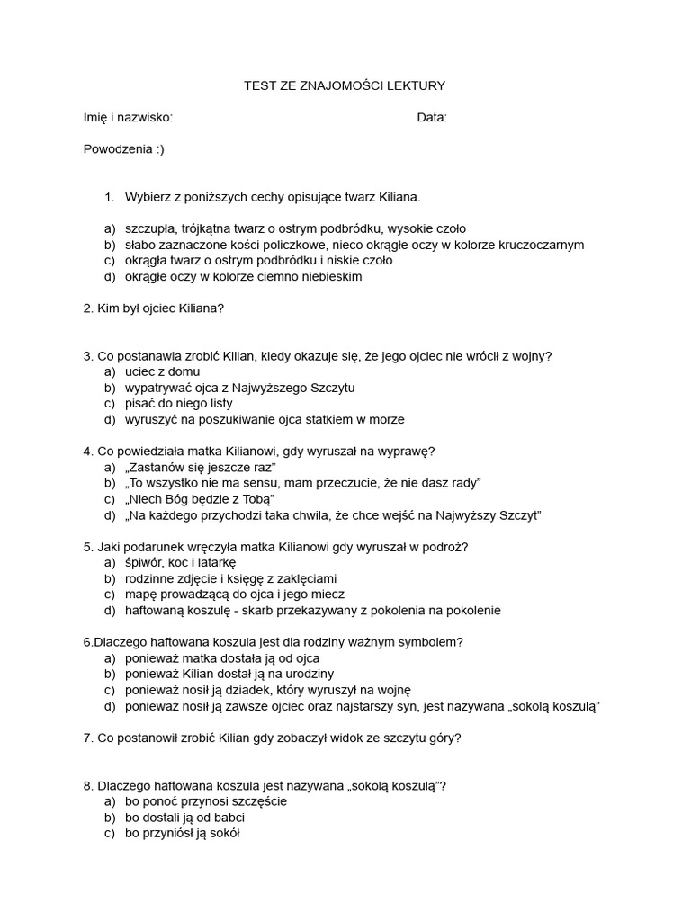 Test Ze Znajomości Lektury | PDF