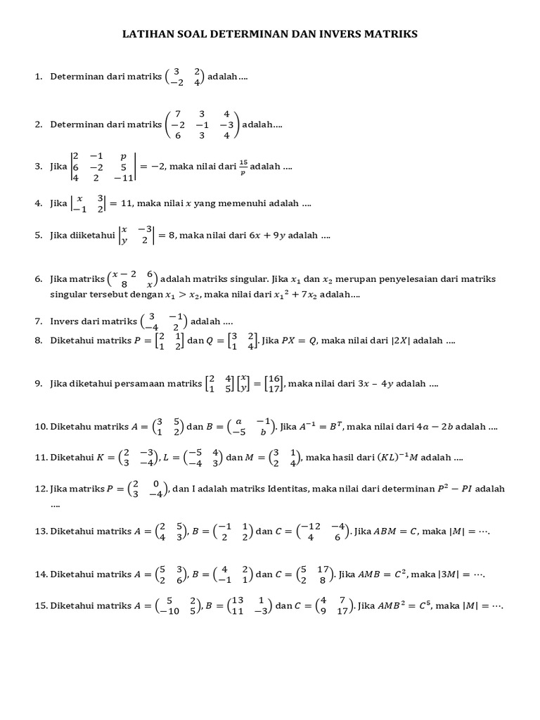 LATIHAN SOAL PH DETERMINAN DAN INVERS MATRIKS | PDF