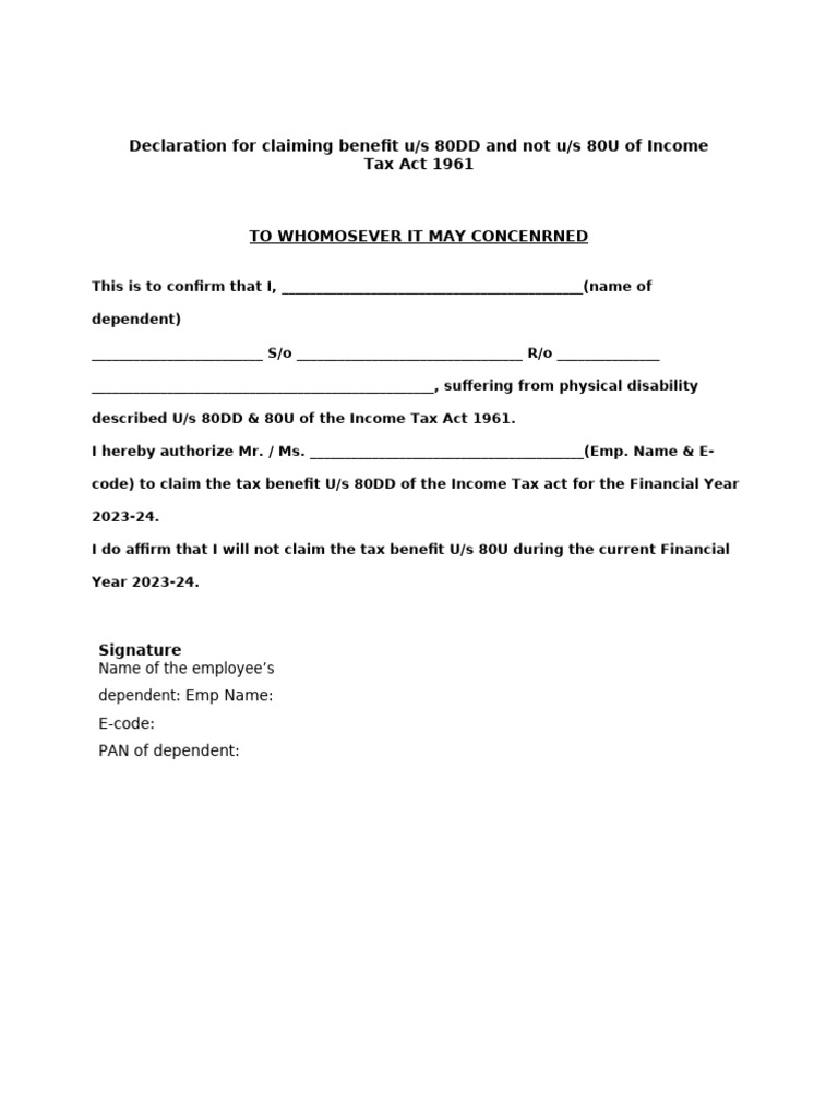 Declaration For Section 80DD | PDF
