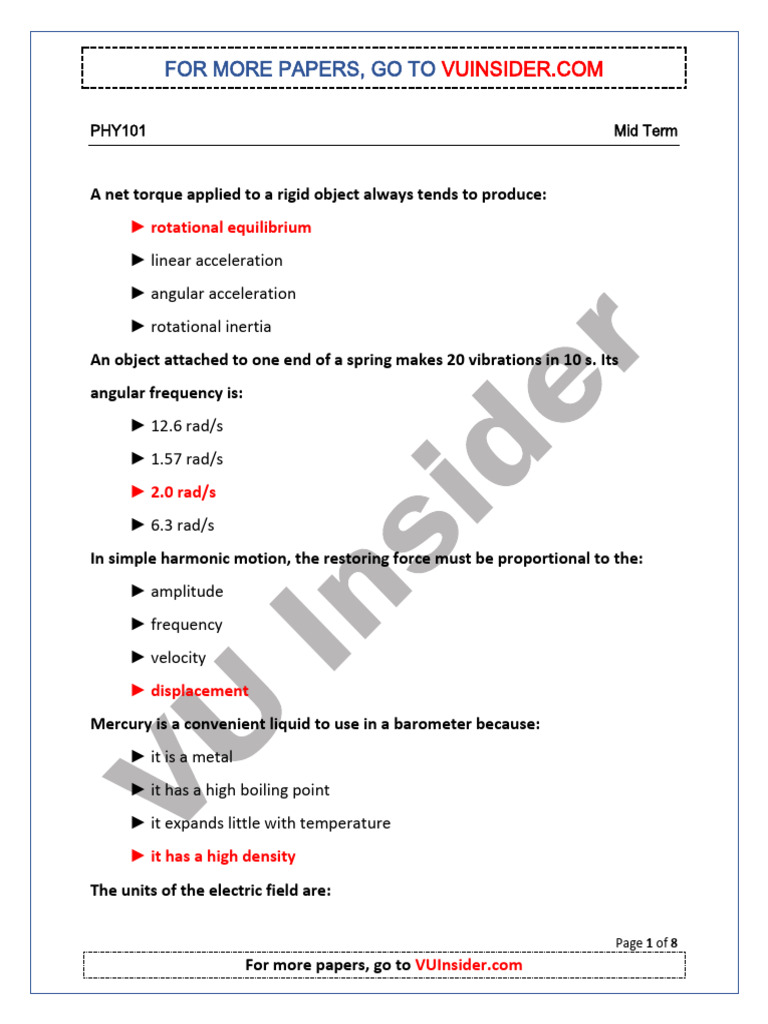 PHY101 Midterm Exam Questions | PDF | Light | Frequency