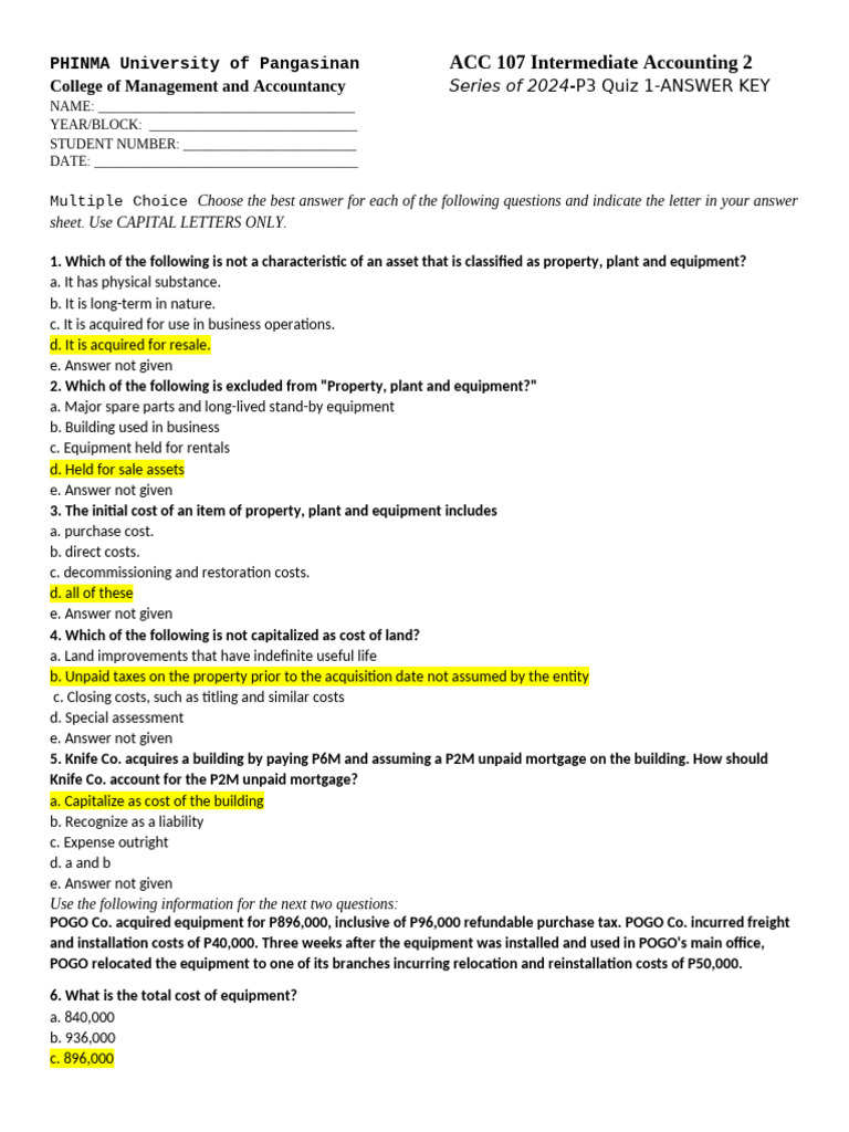Acc 107 p3 Quiz Answer Key | PDF | Depreciation | Expense