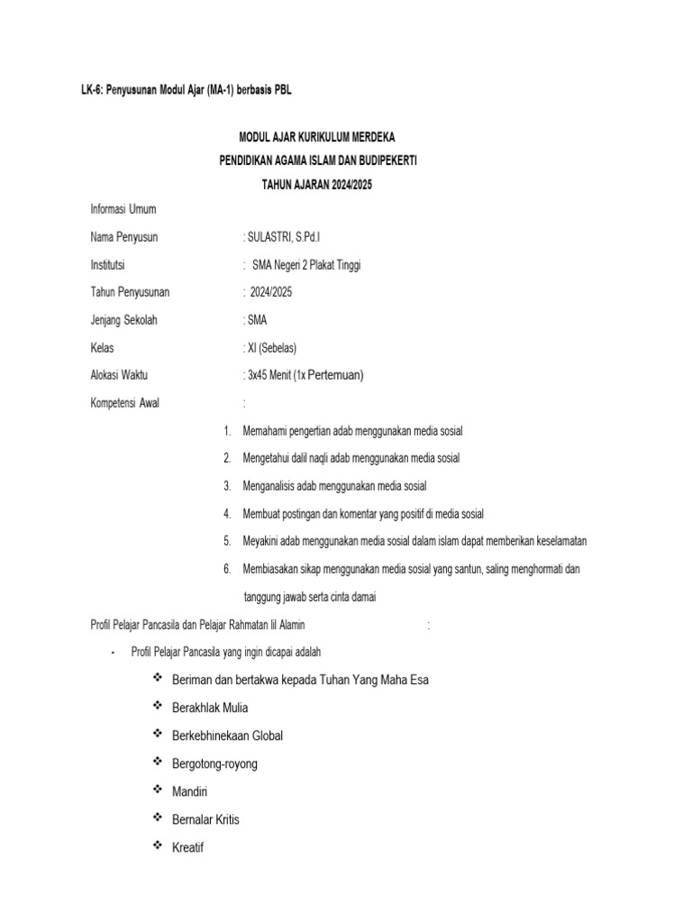 TUGAS LK 5 MODUL AJAR PBL SULASTRI | PDF