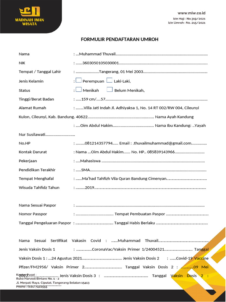 Formulir Pendaftaran Umroh 2023 | PDF