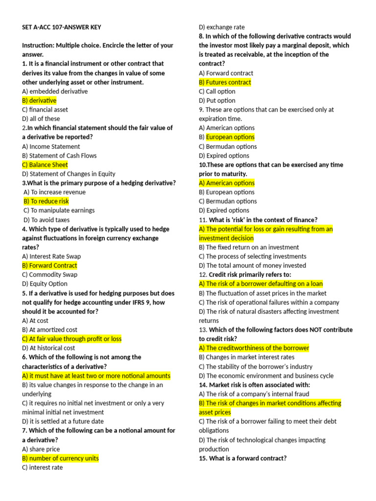 ACC 107 Exam Answer Key | PDF | Derivative (Finance) | Option (Finance)