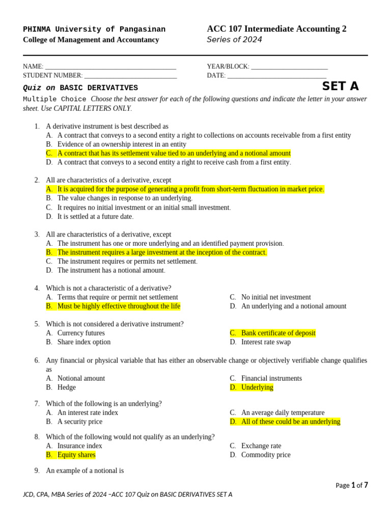 P2 Acc 107 Quiz 1 Answer Key | PDF | Derivative (Finance) | Option (Finance)