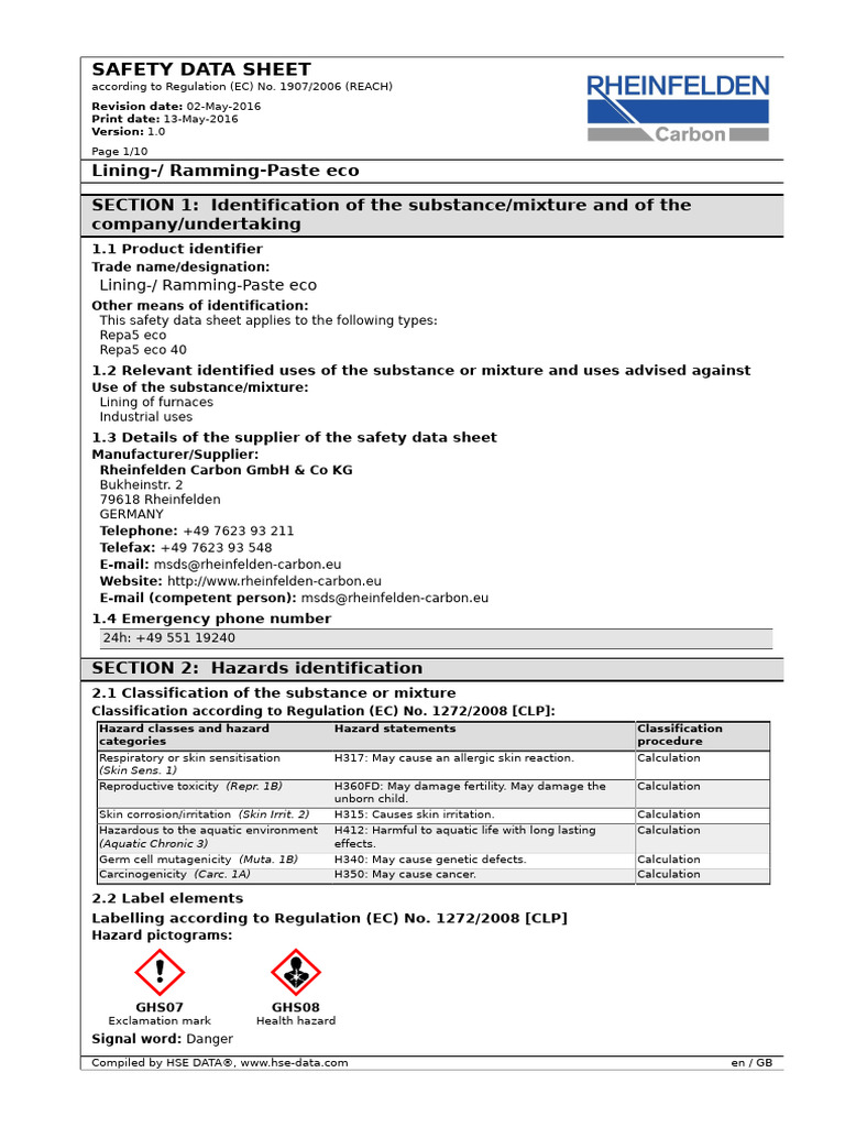 SDS_Lining-_-Ramming-Paste-eco_V1.0_en_GB | PDF | Combustion | Toxicity