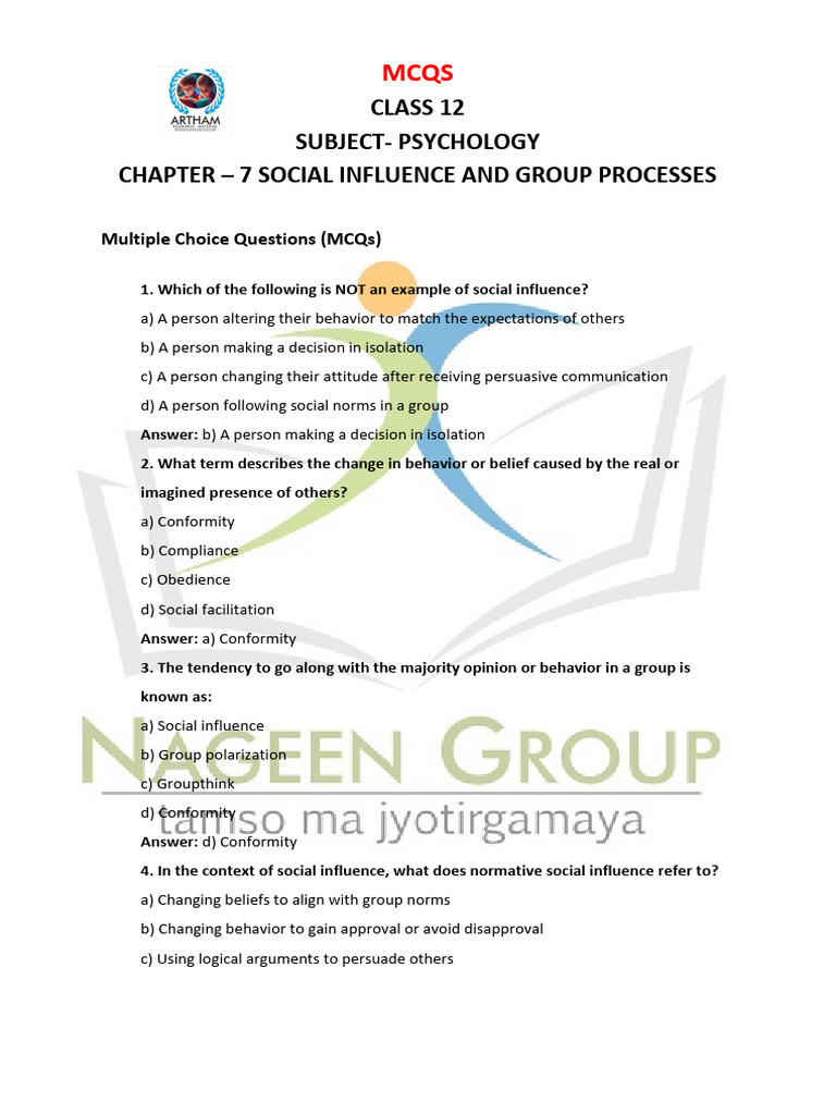 Class 12 Mcqs Psychology Chap 7 (2024-25) | PDF | Conformity ...