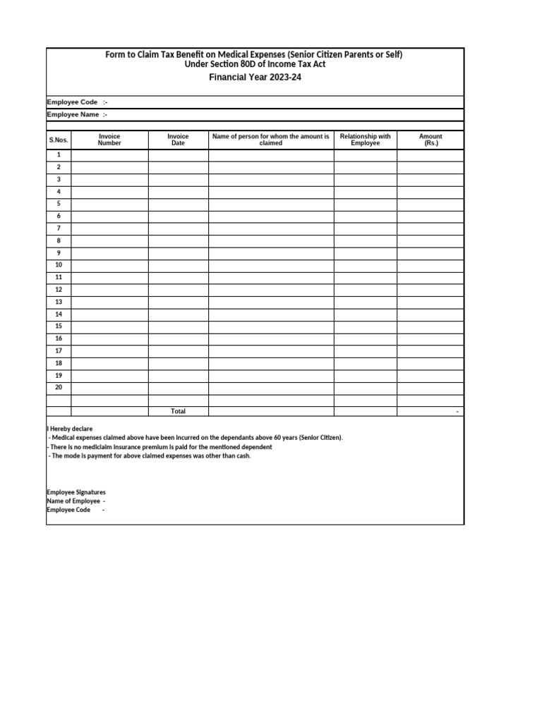 08. Form to Claim Mediclal Expensed Under Section 80D | PDF