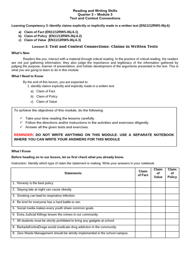 Reading Writing q3 Module 3 | PDF | Learning
