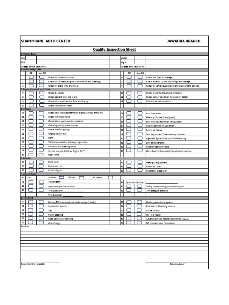 Quality Check Sheet JAWAHRA BRANCH | PDF | Tire | Car