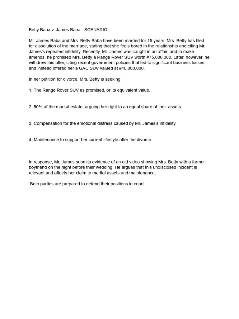 Divorce Dispute: Betty vs. James Baba | PDF
