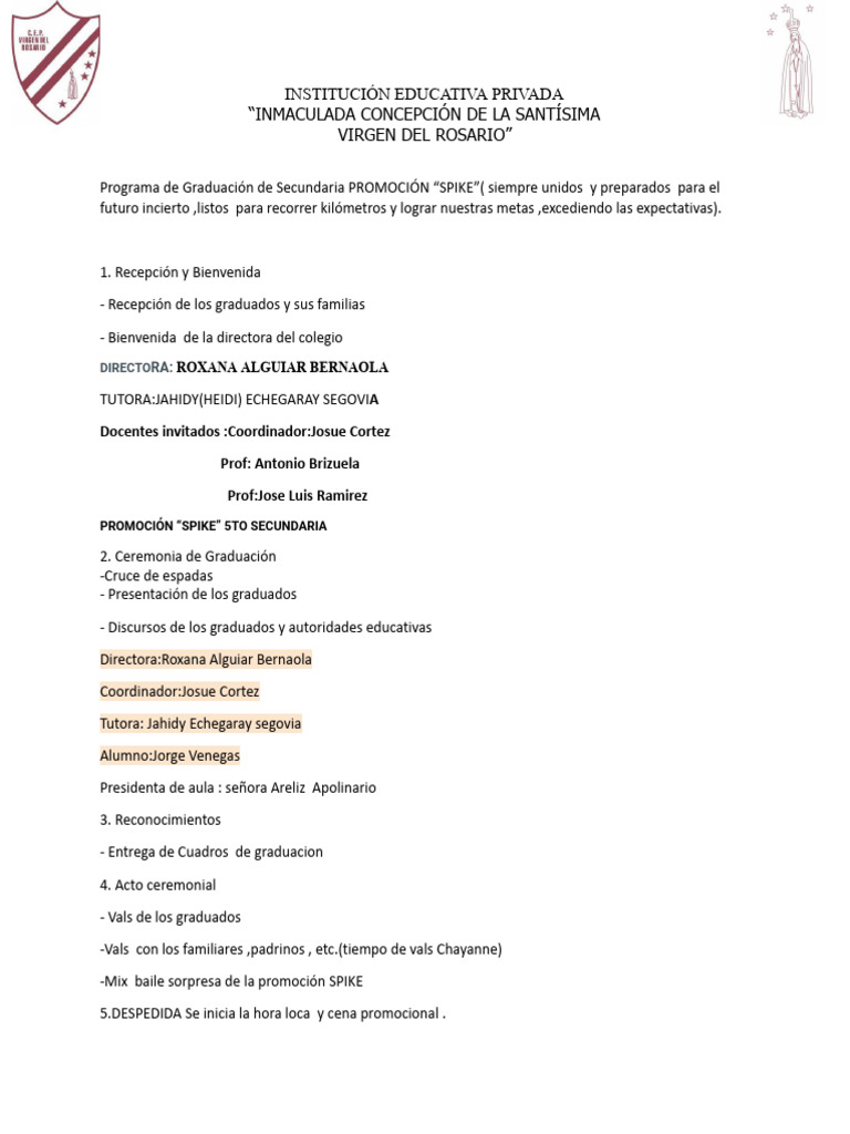 Programa de Graduación de Secundaria PROMOCIÓN "SPIKE" | PDF | Alimentos