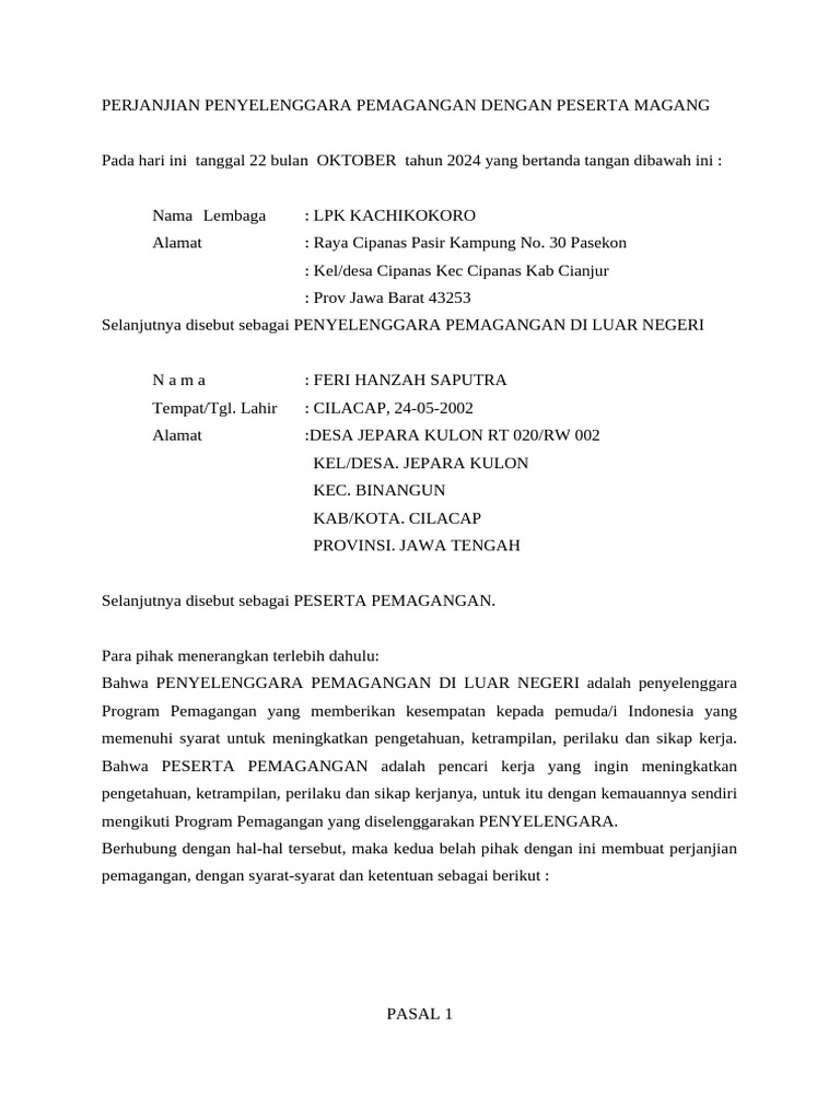 Perjanjian Pemagangan Luar Negeri 2024 | PDF