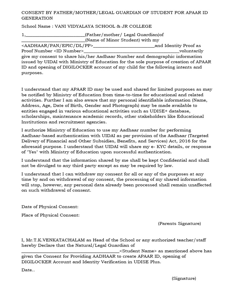 Consent by Parents for Apaar Id | PDF | Justice | Crime & Violence
