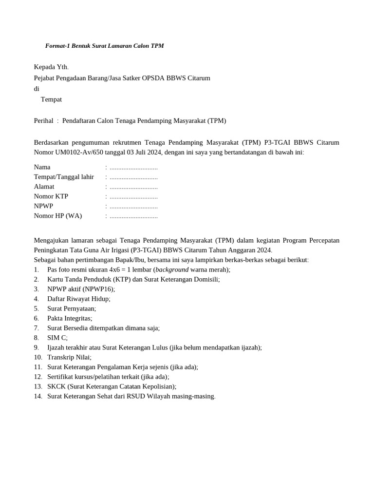 Format Surat Rekrutmen TPM P3-TGAI T.3 TA 2024 BBWS Citarum(1) | PDF