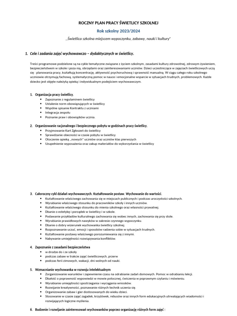 Roczny Plan Pracy Świetlicy Szkolnej | PDF