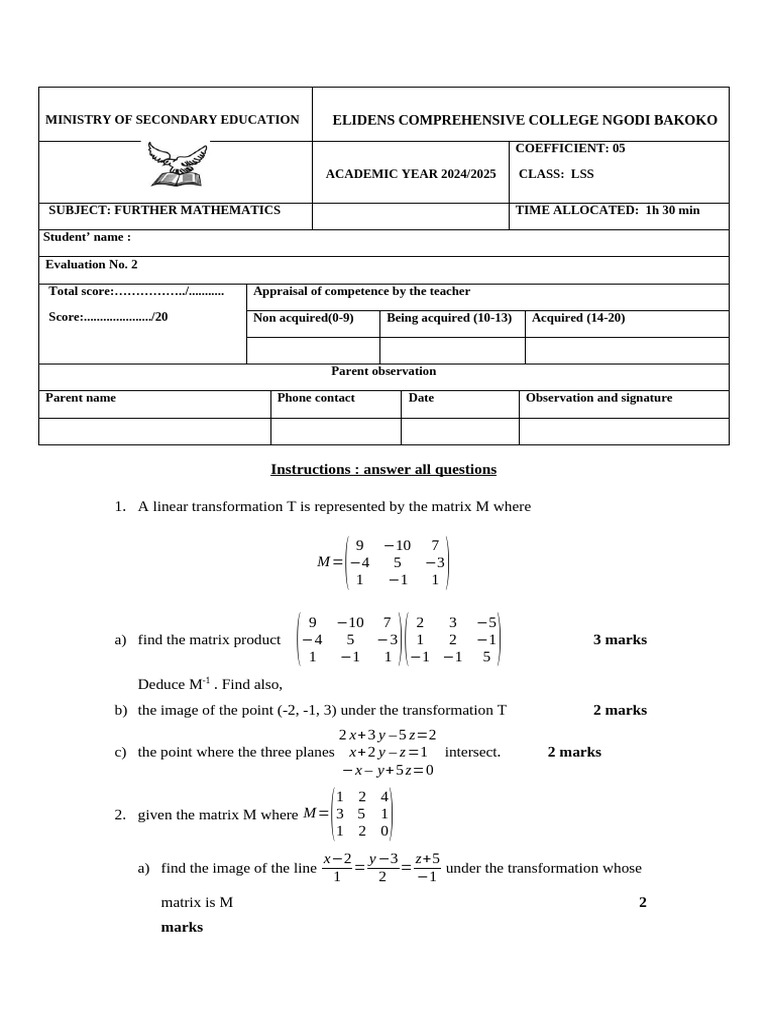 F Maths LSS Eval 2 Elidens | PDF | Matrix (Mathematics) | Applied Mathematics