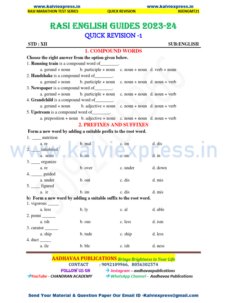 Rasi English Xii Quick Revision - 1 | PDF | Verb | Noun
