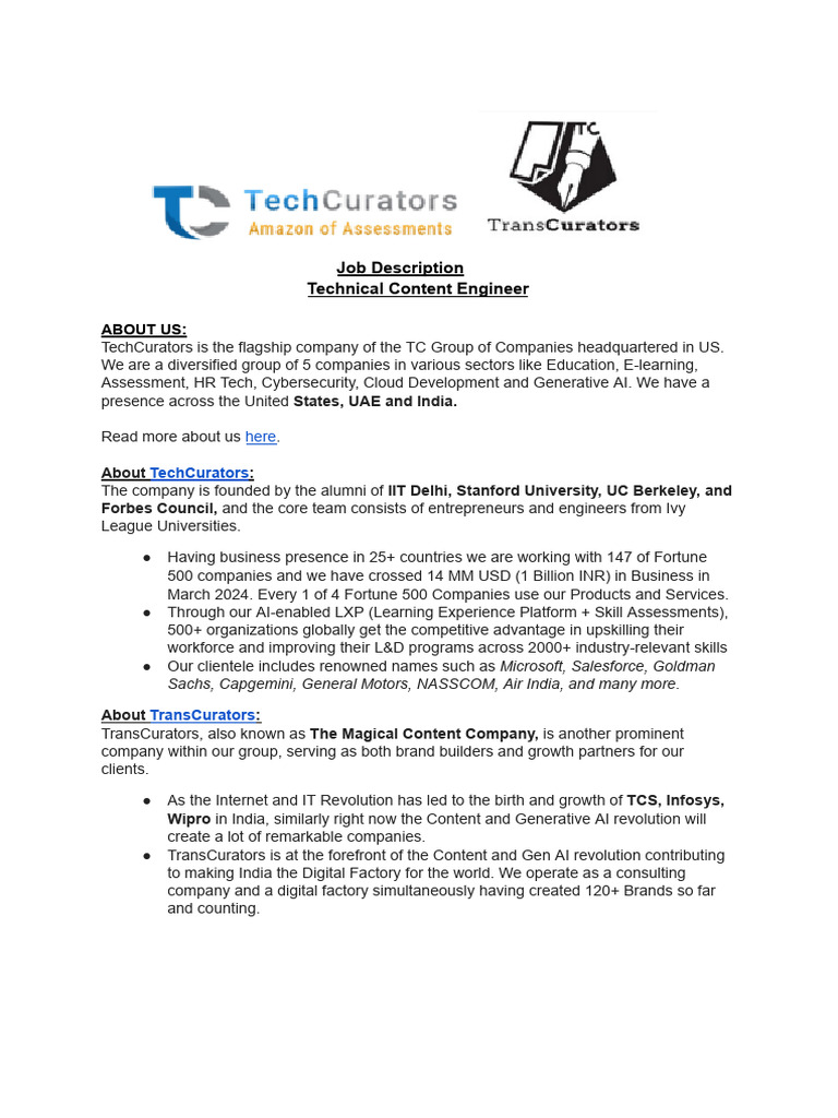 Technical Content Engineer JD | PDF | Computing | Learning