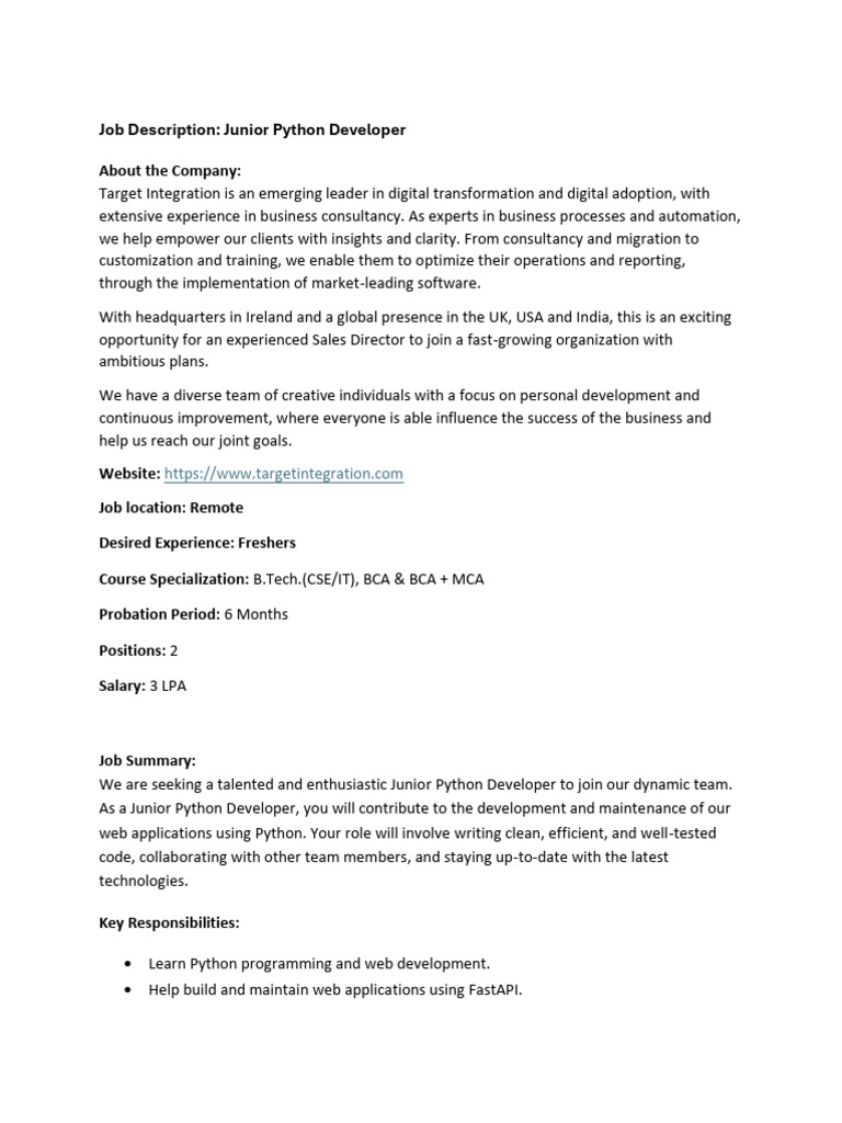 JD for Junior Backend Developer (Vryno) | PDF