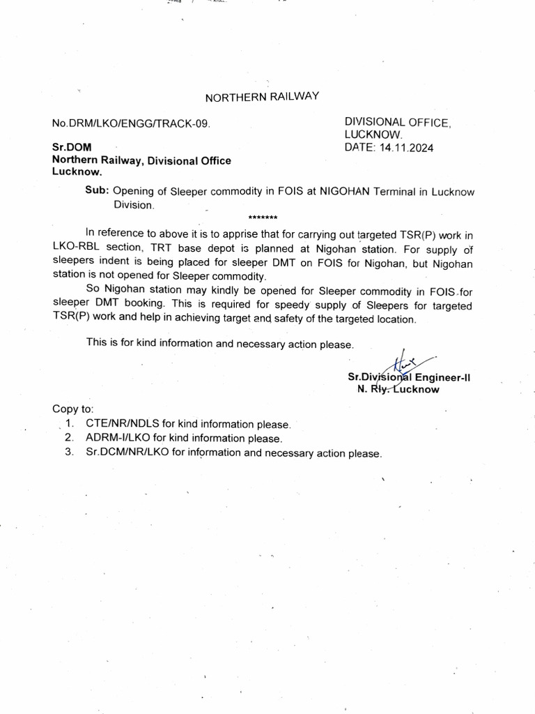 Opening of NHN For Sleeper Commodity in Fois | PDF